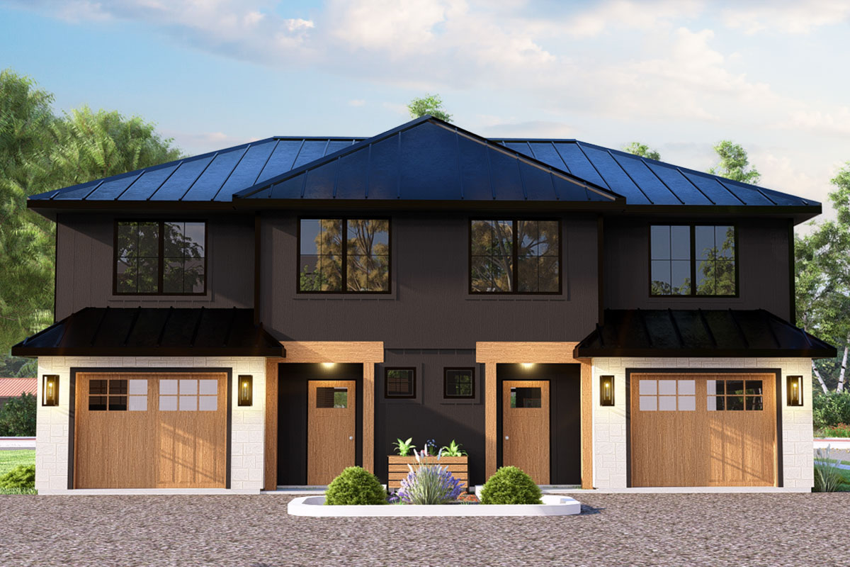Plan 135281GRA: Two-Story Contemporary Duplex House Plan with Matching ...