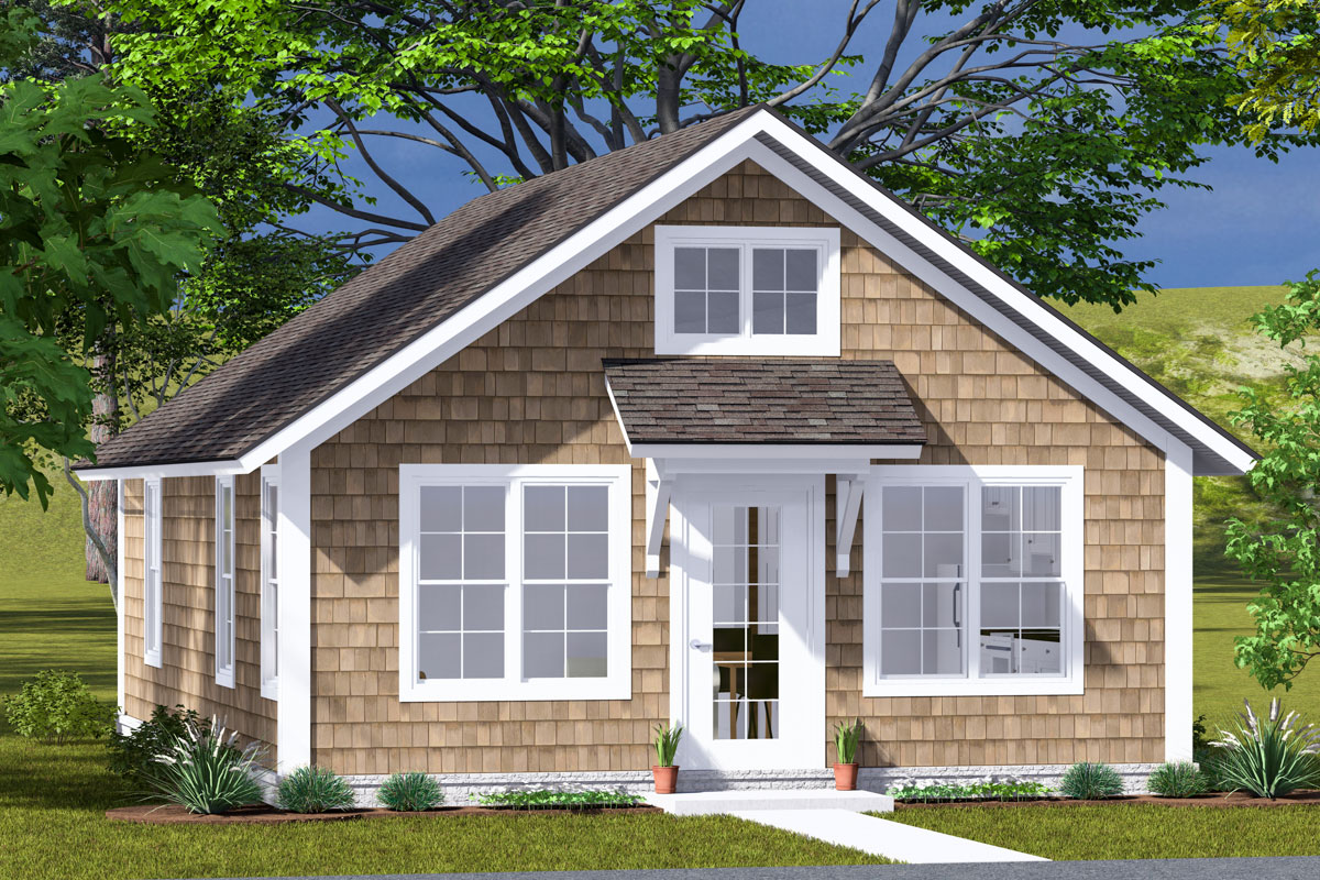 Plan 52404WM: 2-Bed Shingle Cottage with Vaulted Living Space - 693 Sq Ft