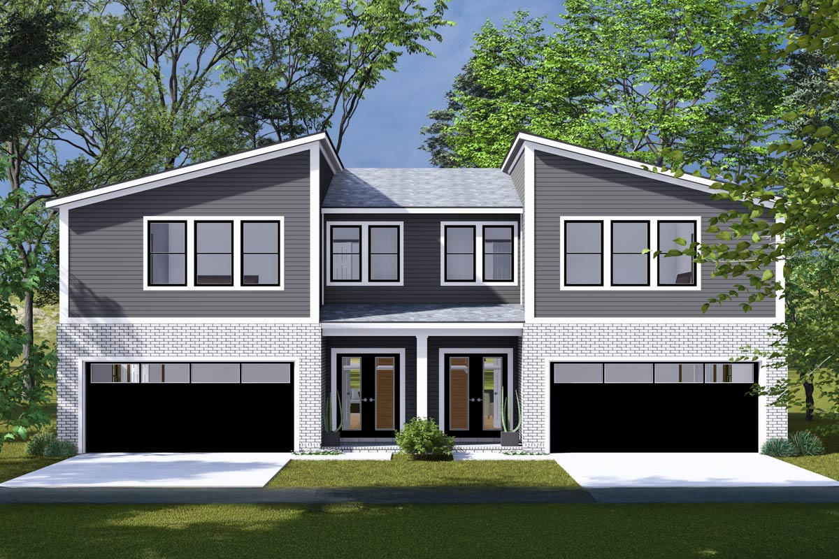 Plan 52420WM: Two-Story Contemporary Duplex House Plan Under 2100 Sq Ft ...