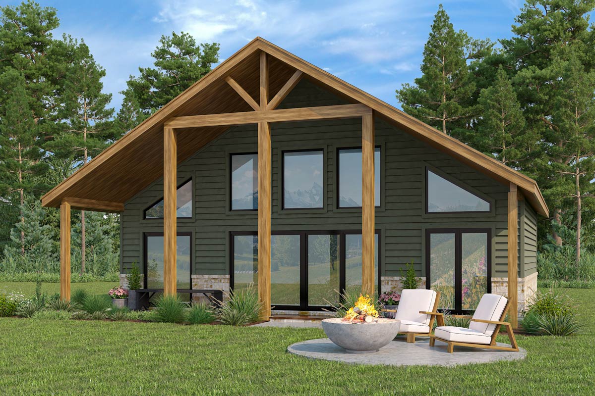 Plan 31223D: Modern A-Frame Cabin with Vaulted Porch and Open Loft Living
