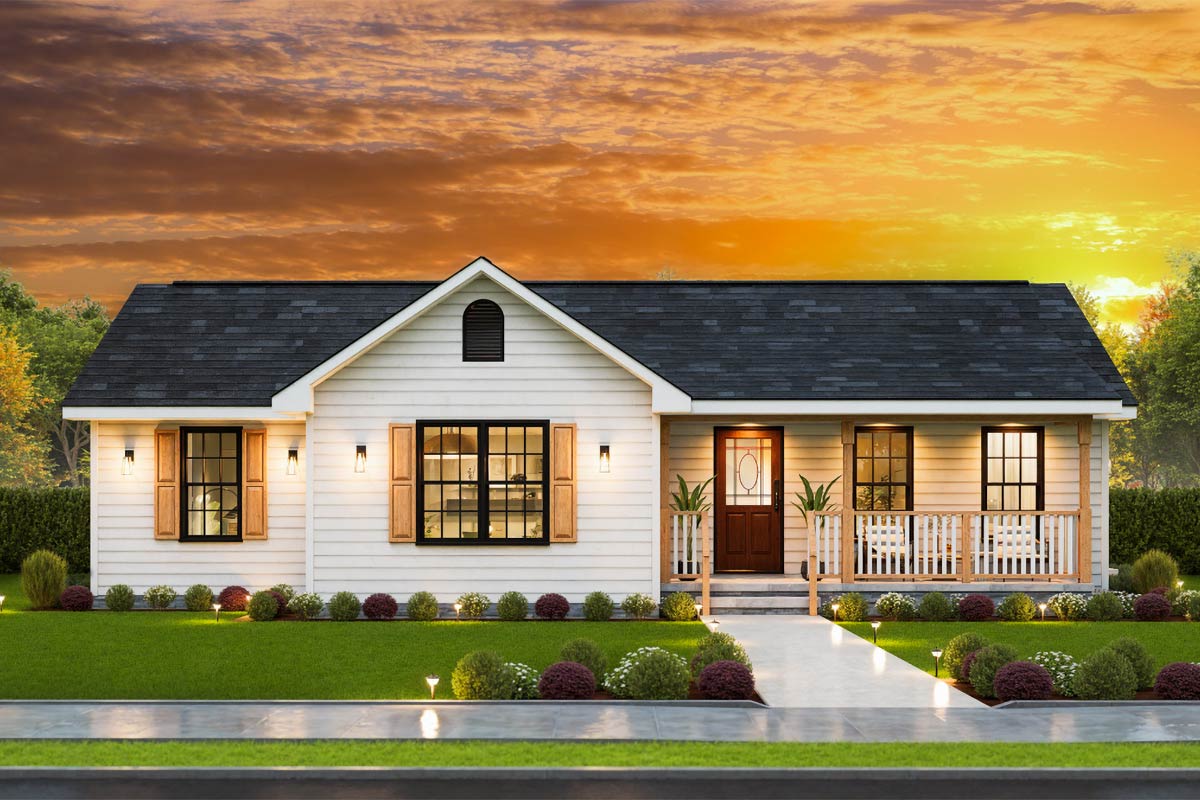 Plan 25901GE: Charming 3-Bed Country Ranch House with Inviting Porch