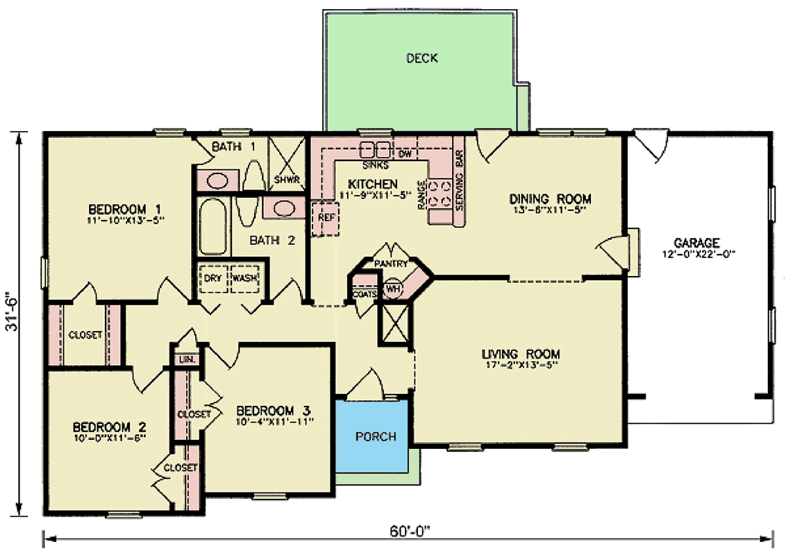 Plan 25913GE: Charming Country Ranch with Open Layout and Deck