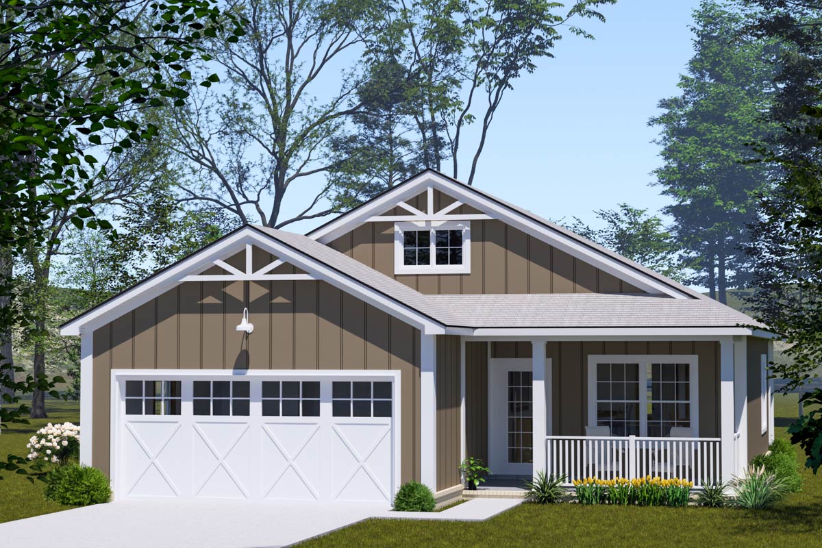 Plan 52455WM: Single-Story Cottage House Plan with Split Bedroom Design