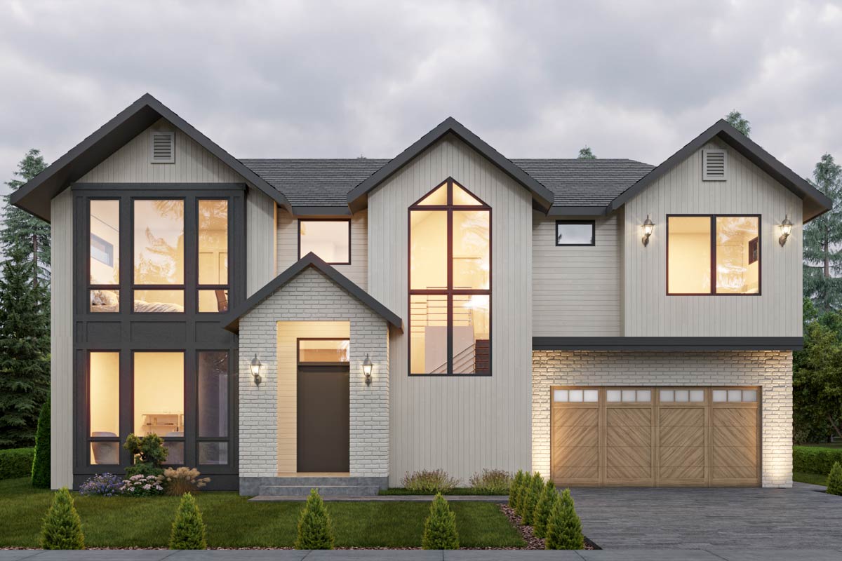 Plan 666307RAF: Modern Two-Story Home with Spacious Living and Home Office