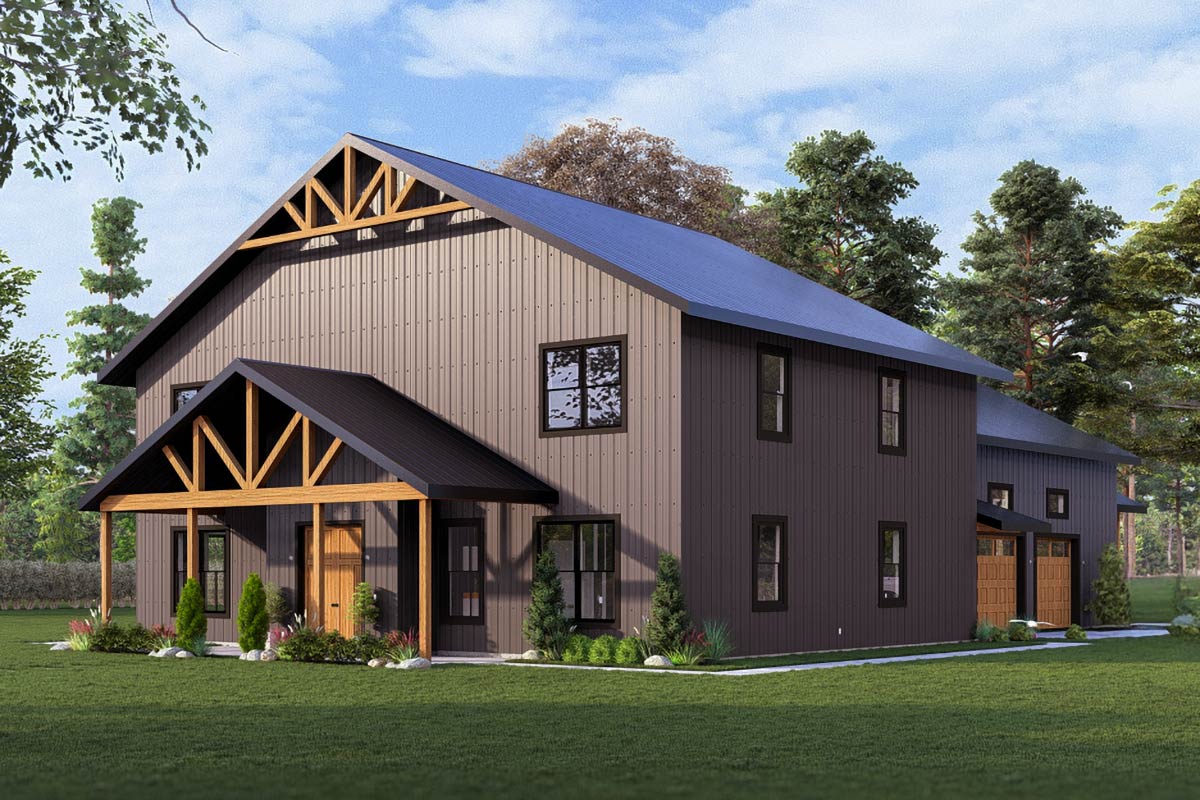 Plan 405038FDC: Modern Barndominium Plan with Vaulted Living Room and ...