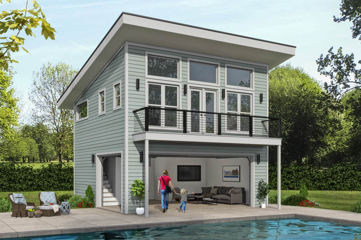 Plan 680610VR: Two-Story Modern Pool House with Flex Space and Balcony