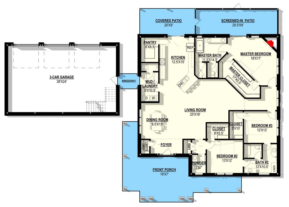 Plan 405047FDC: Farmhouse House Plan with Split Bedrooms and 3-Car Garage