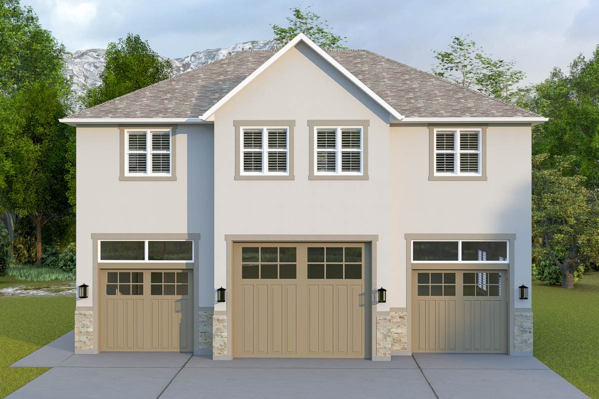 Plan 61669UT: Traditional Stucco Home and Garage Plan with 3-Car Bay
