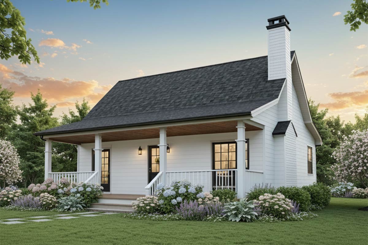 Plan 51327MM: 3-Bedroom Cabin House Plan with Split Layout and Front Porch
