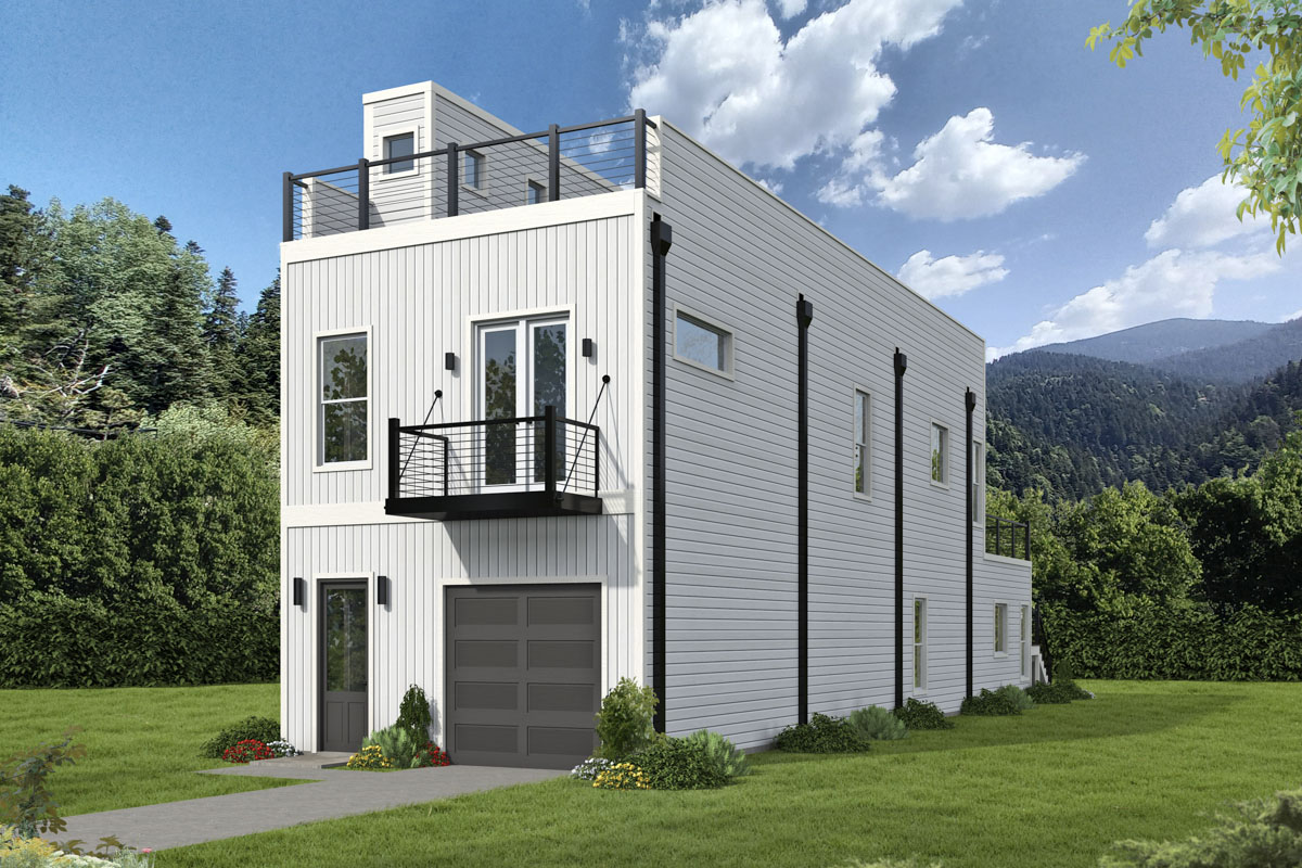 Plan 680634VR: Modern Urban House Plan with Rooftop Deck and Tandem Garage