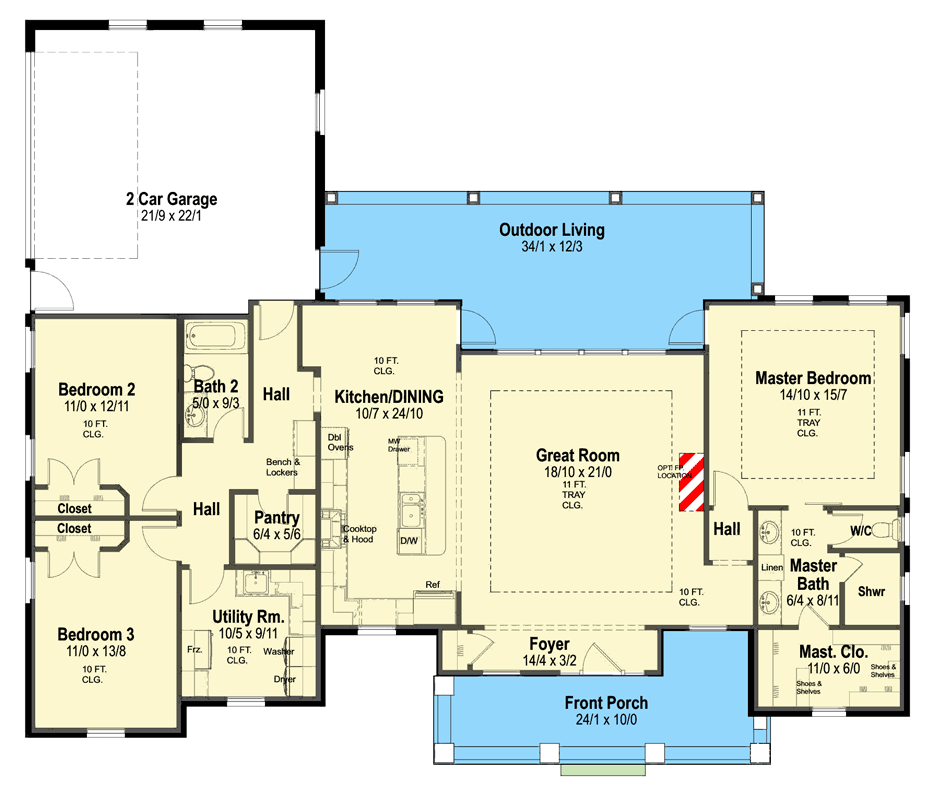 Plan 54074LK: Three-Bedroom Southern Farmhouse House Plan with Split Layout