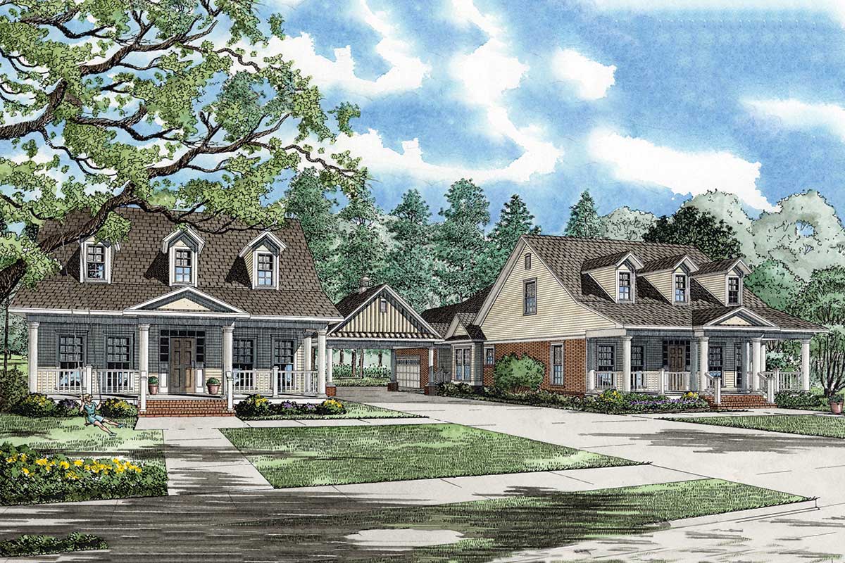 Plan 59778ND: Two Family House Plan with Shared Porte Cochere