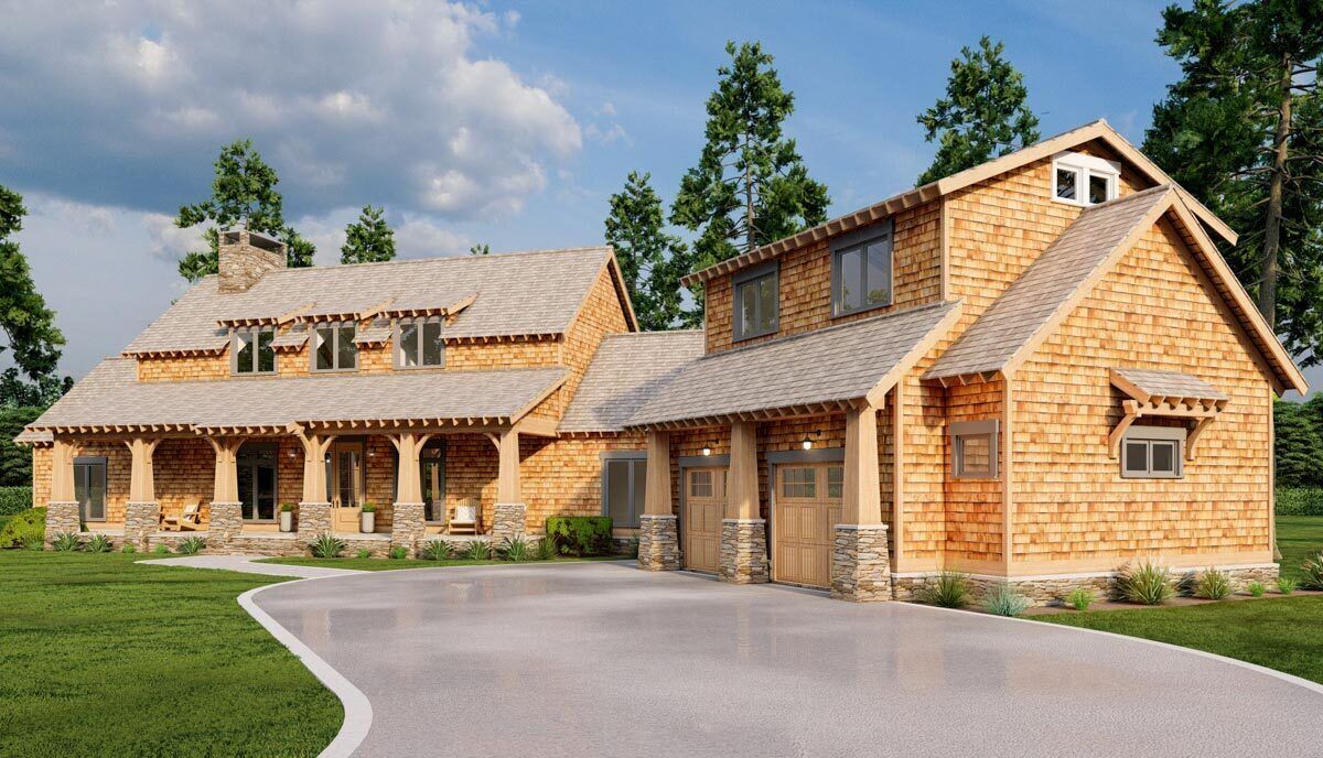 Shingle-style Home Plan With Guest Loft and Angled Garage with ...
