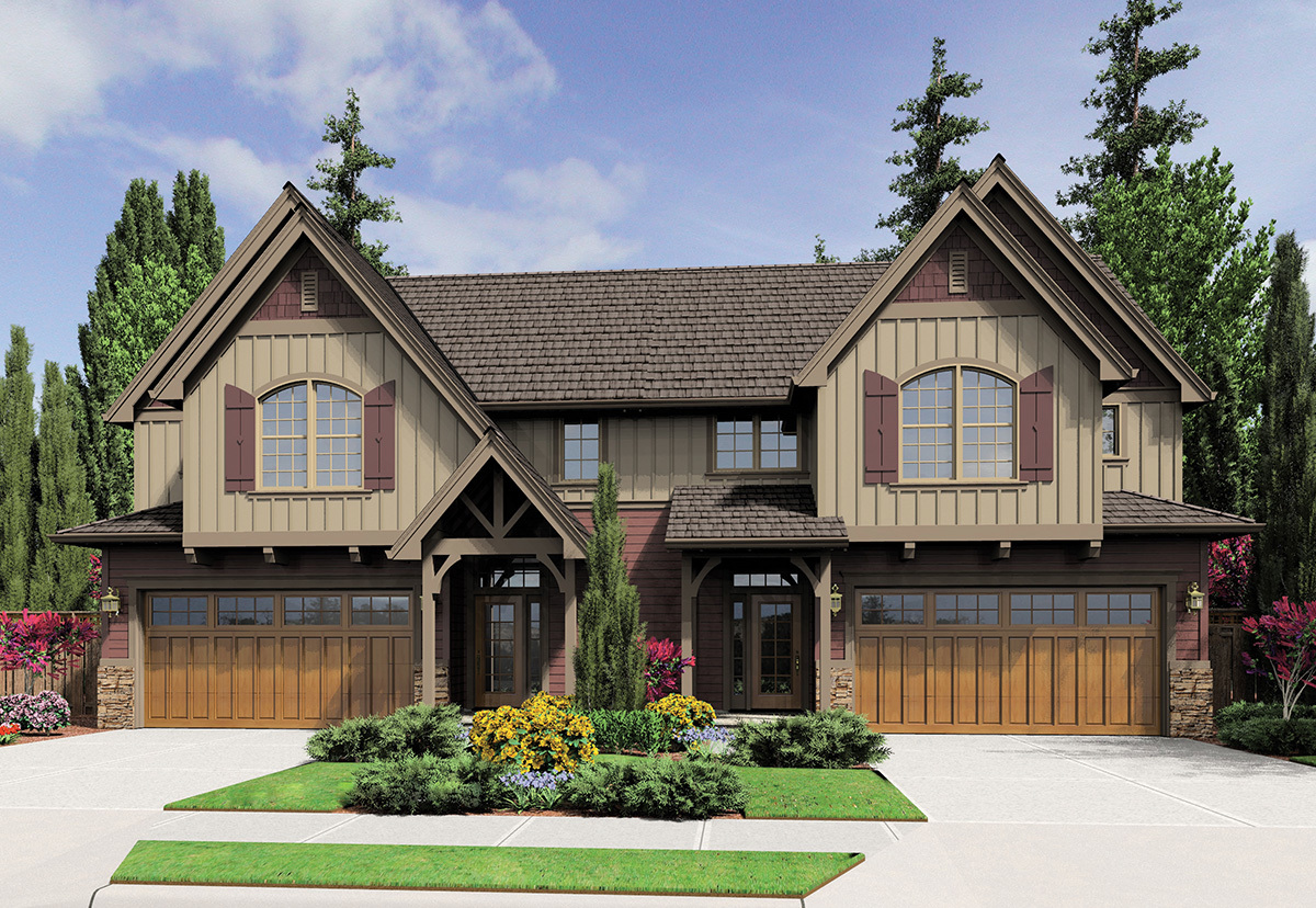 Duplex with Old World Style - 69567AM | Architectural Designs - House Plans