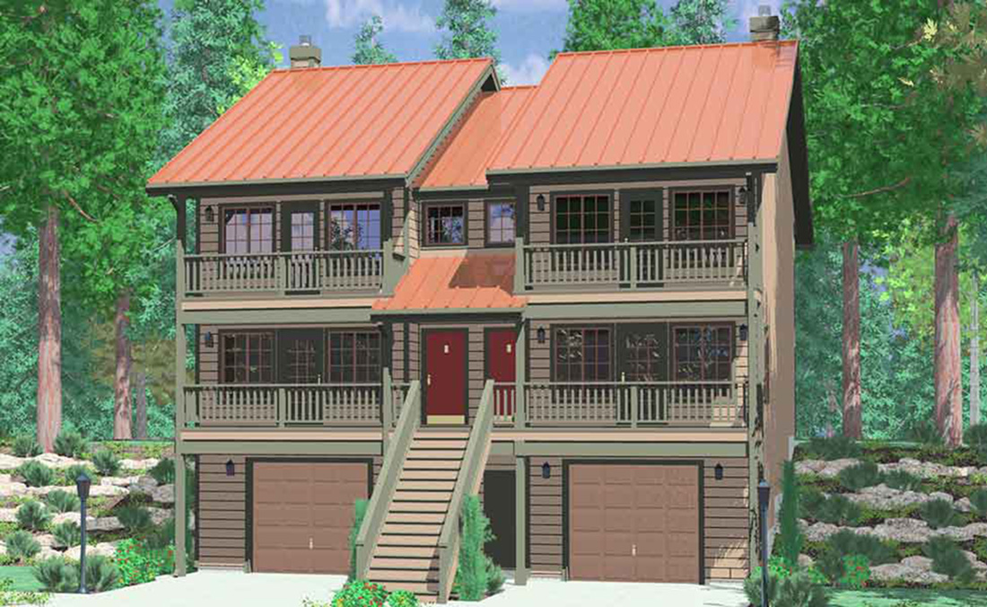 Plan 8153LB: Duplex House Plan with Drive-Under Garage and Home Office ...